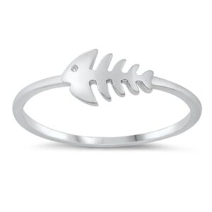 fish skeleton bones polished ring new .925 sterling silver band size 8