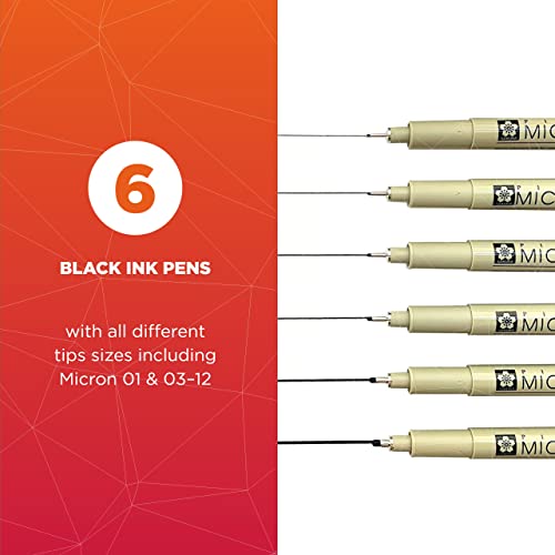 SAKURA Pigma Micron Fineliner Pens - Archival Black Ink Pens - Pens for Writing, Drawing, or Journaling - Assorted Point Sizes - 6 Pack