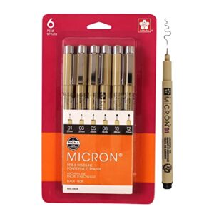 sakura pigma micron fineliner pens - archival black ink pens - pens for writing, drawing, or journaling - assorted point sizes - 6 pack