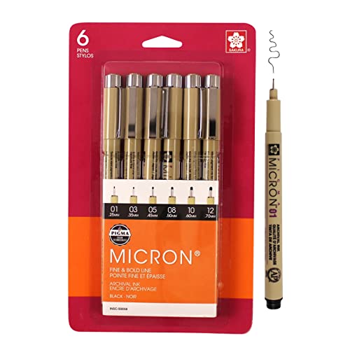 SAKURA Pigma Micron Fineliner Pens - Archival Black Ink Pens - Pens for Writing, Drawing, or Journaling - Assorted Point Sizes - 6 Pack