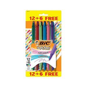 bic soft feel retractable ballpoint pens, soft touch comfort grip, medium point, 1.0mm, 8 assorted colors, 12+6 pack