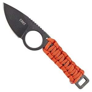 crkt tailbone edc knife: everyday carry fixed blade drop point knife with black stonewash finish, orange cord wrapped handle, sheath 2415