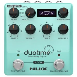 nux duotime stereo delay pedal with independent time,analog delay,tape echo,digital delay,modulation delay and verb delay