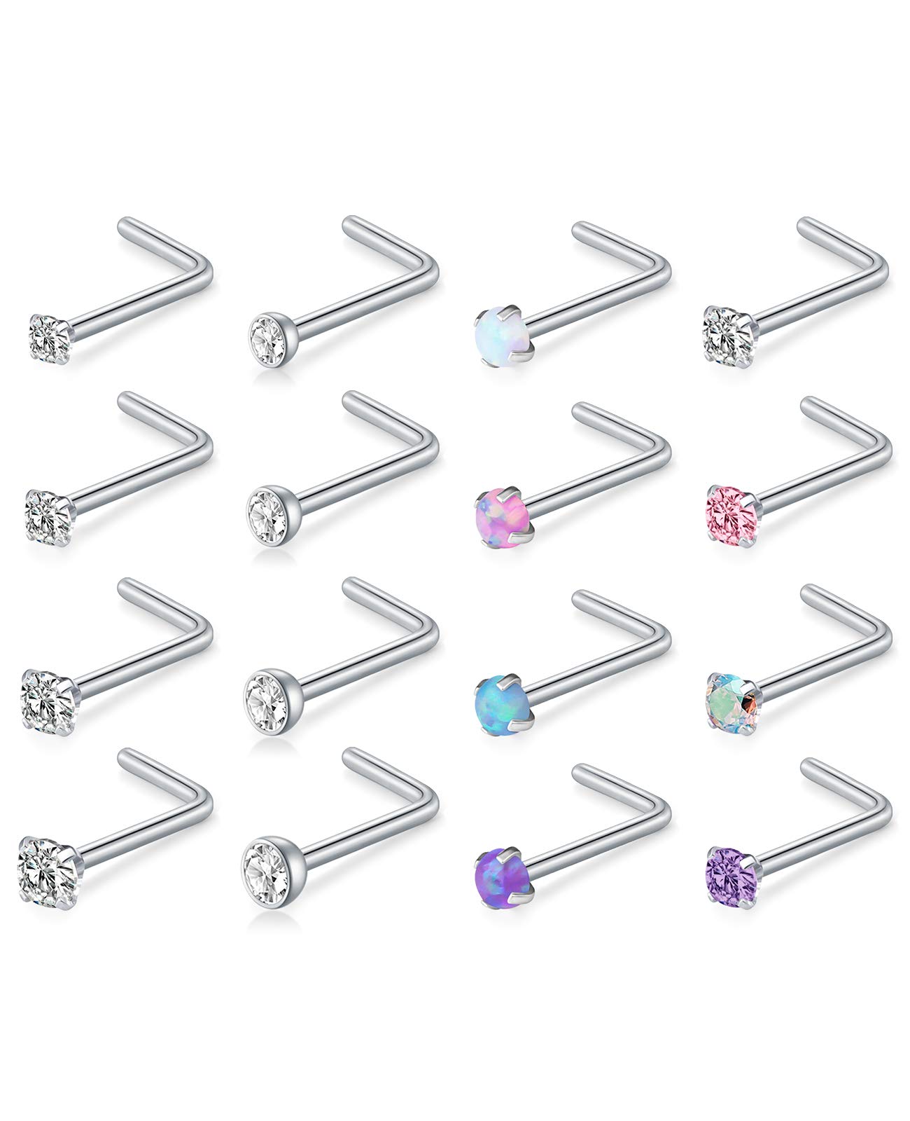 D.Bella 18G 20G 22G L Shaped Nose Studs Surgical Stainless Steel 1.5mm 2mm 2.5mm 3mm CZ Nose Rings For Women