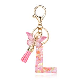 okaicen fashion alphabet initial letter keychain tassel butterfly pendant key ring for purse handbags women girl ('l')