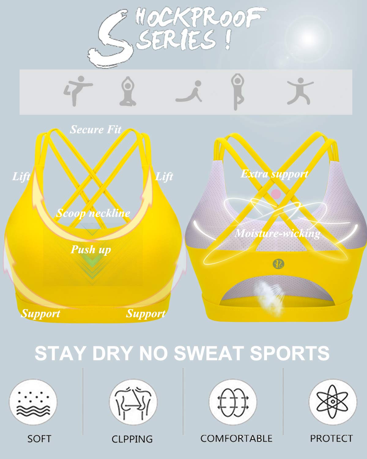 RUNNING GIRL Strappy Sports Bra for Women, Sexy Crisscross Back Medium Support Yoga Bra with Removable Cups (WX2354 Yellow, XL)