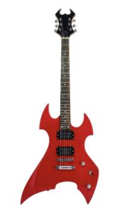 full size right handed heavy metal style electric 6 string guitar, solid wood body and bolt on neck, cable and allen wrench, color: deep red