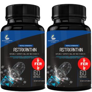 research labs triple strength natural astaxanthin 12mg softgels + extra bottle organic coconut oil for enhanced absorption powerful antioxidant supports eye joint & heart health 120 total softgels