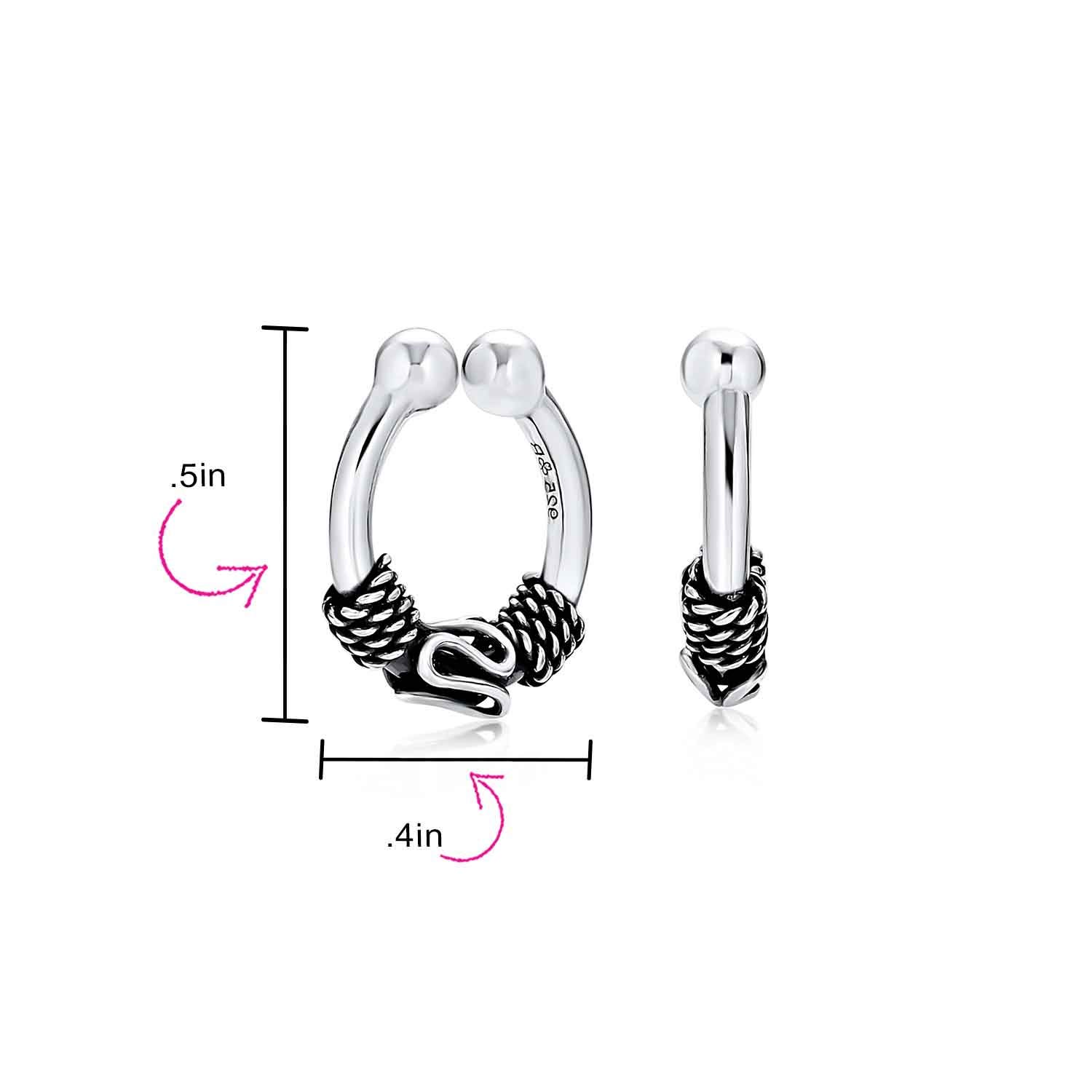 Bling Jewelry Unisex Bali Style Tribal Swirl Tiny Round Ear Lobe Cartilage Faux Fake Nose Septum Hoop Ring Earrings Oxidized .925 Sterling Silver Hoop Rings Non Piercing