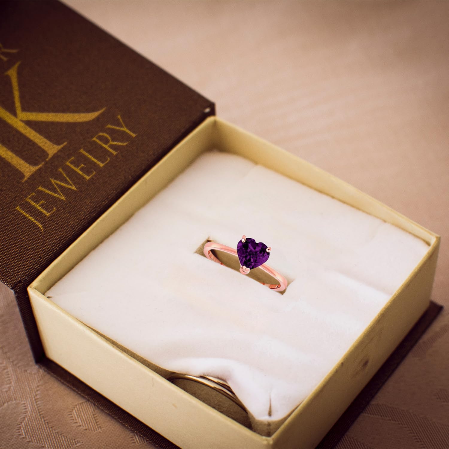 Takar Heart-Shaped Amethyst Ring, 7 mm Heart Solitaire Purple Stone Ring, 10K gold Rings for Women, Wedding/Engagement Gold Jewelry Gift For Her In White, Yellow, and Rose Gold MADE IN USA.