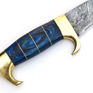 Skokie Knives Custom Hand Made Damascus Steel Hunting Knife Handle Blue Pakka Wood Brass Spacer