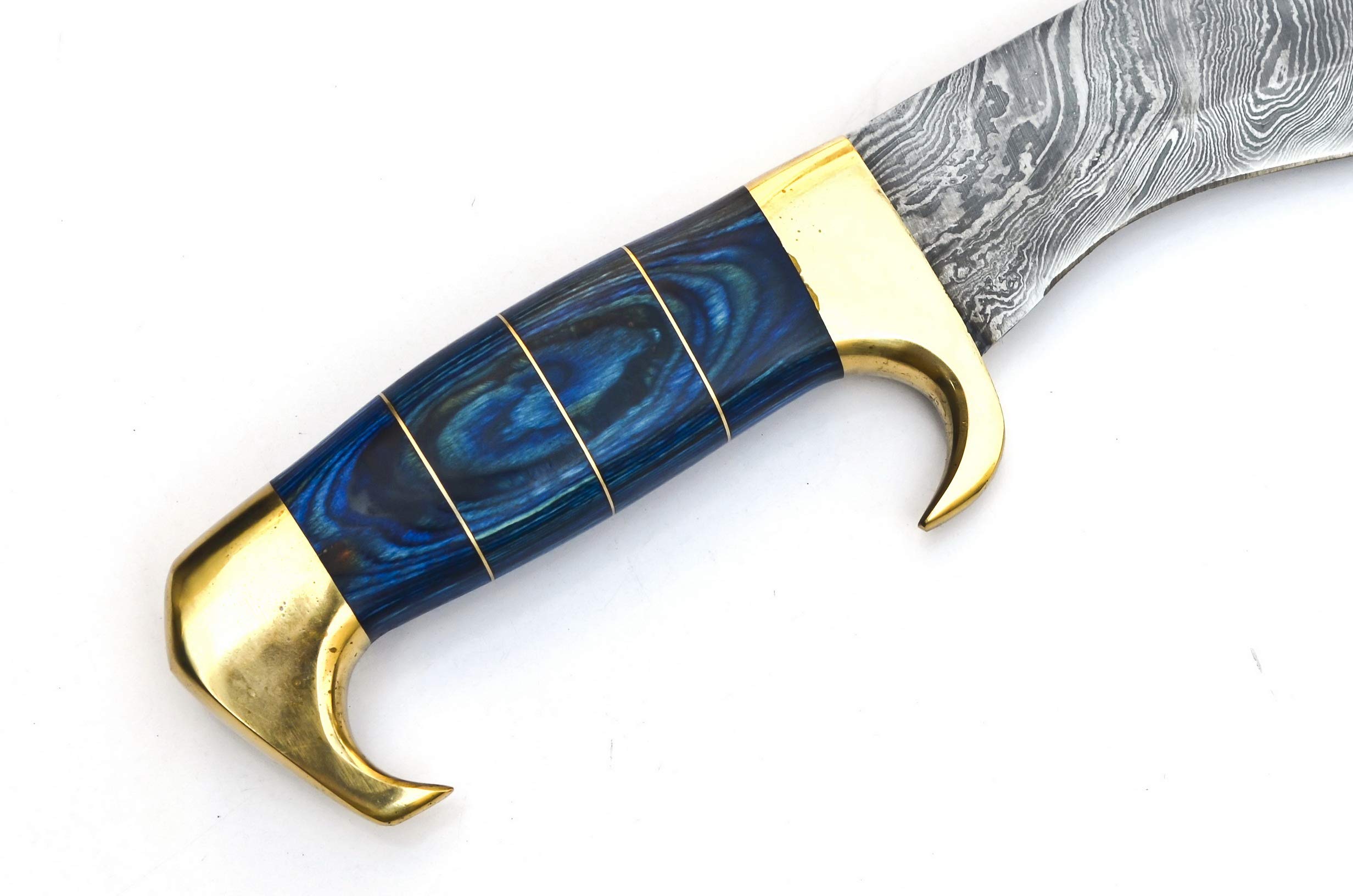 Skokie Knives Custom Hand Made Damascus Steel Hunting Knife Handle Blue Pakka Wood Brass Spacer