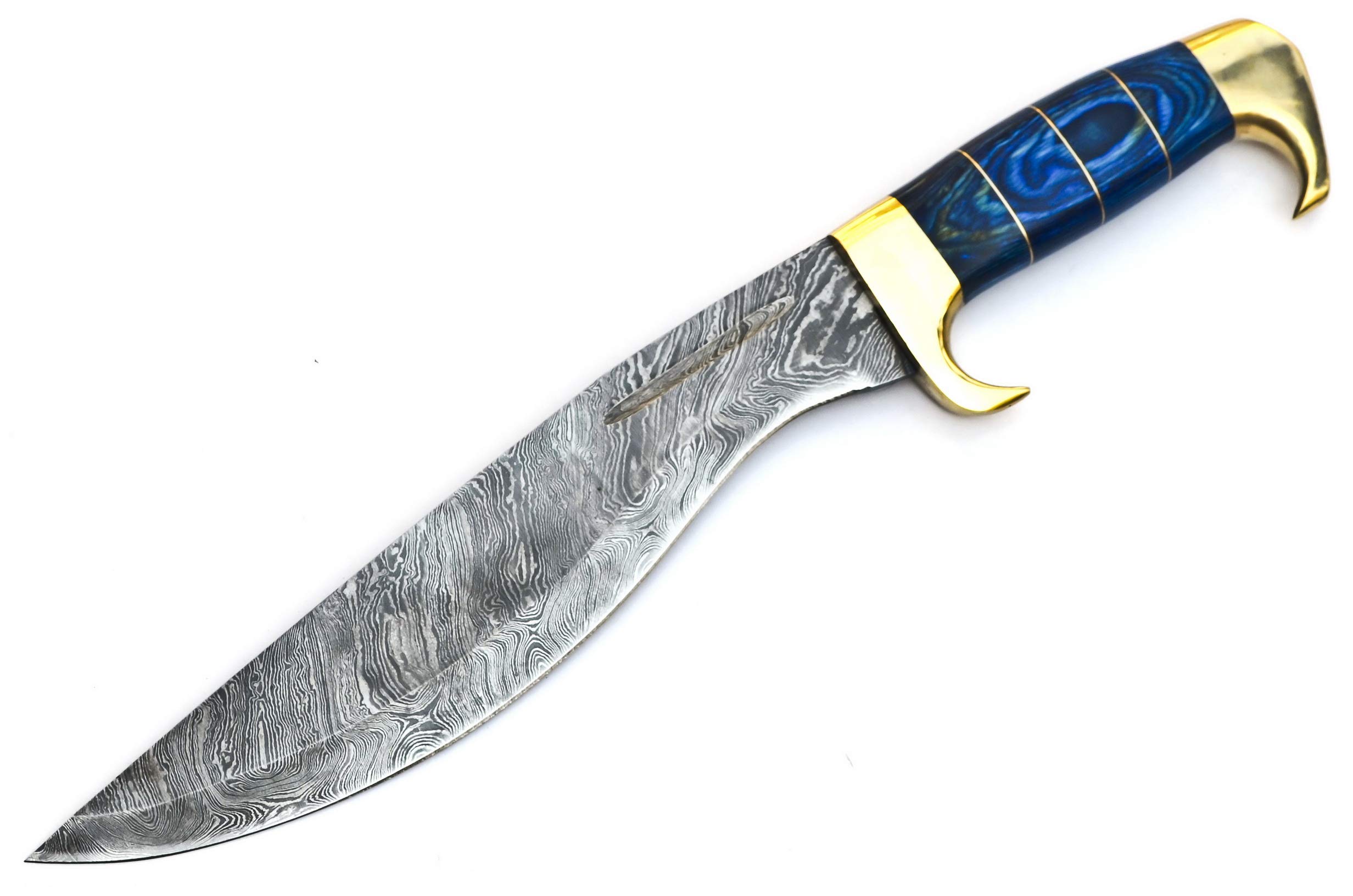 Skokie Knives Custom Hand Made Damascus Steel Hunting Knife Handle Blue Pakka Wood Brass Spacer