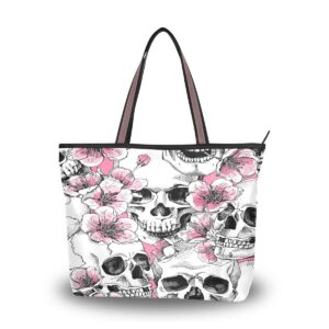 qmxo sugar skull floral flowers pink handbags and purse for women tote bag large capacity top handle shopper shoulder bag