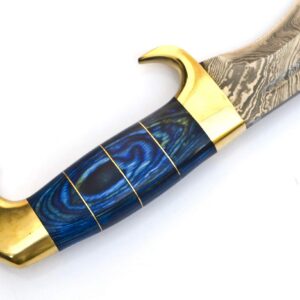 Skokie Knives Custom Hand Made Damascus Steel Hunting Knife Handle Blue Pakka Wood Brass Spacer