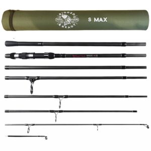 rigged and ready s max. big fish powerful predator surf travel fishing rod + 2 tips hi-carbon 11’ 10” & 10’ 7” options compact rod 23” case 26” cast w 3.5+6 oz