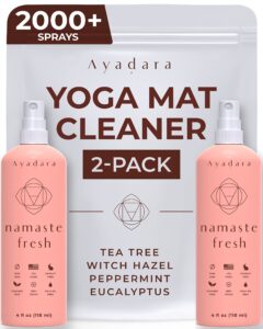 ayadara yoga mat cleaner spray, cleaning spray for yoga accessories, all purpose mat spray for gym equipment, workout mat spray with tea tree oil, yoga mat spray cleaner, 1000 sprays per bottle 2-pack