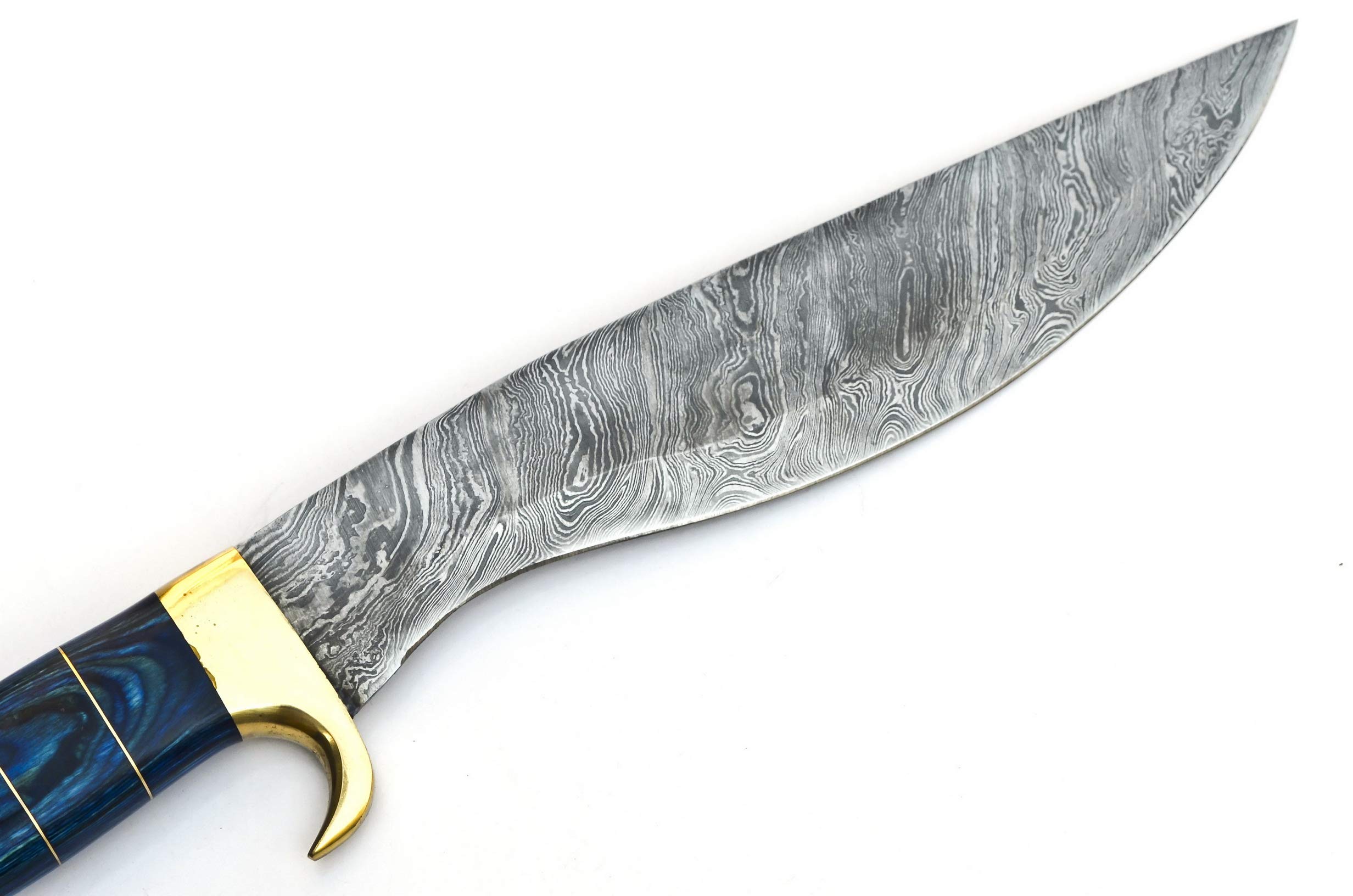 Skokie Knives Custom Hand Made Damascus Steel Hunting Knife Handle Blue Pakka Wood Brass Spacer