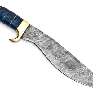 Skokie Knives Custom Hand Made Damascus Steel Hunting Knife Handle Blue Pakka Wood Brass Spacer