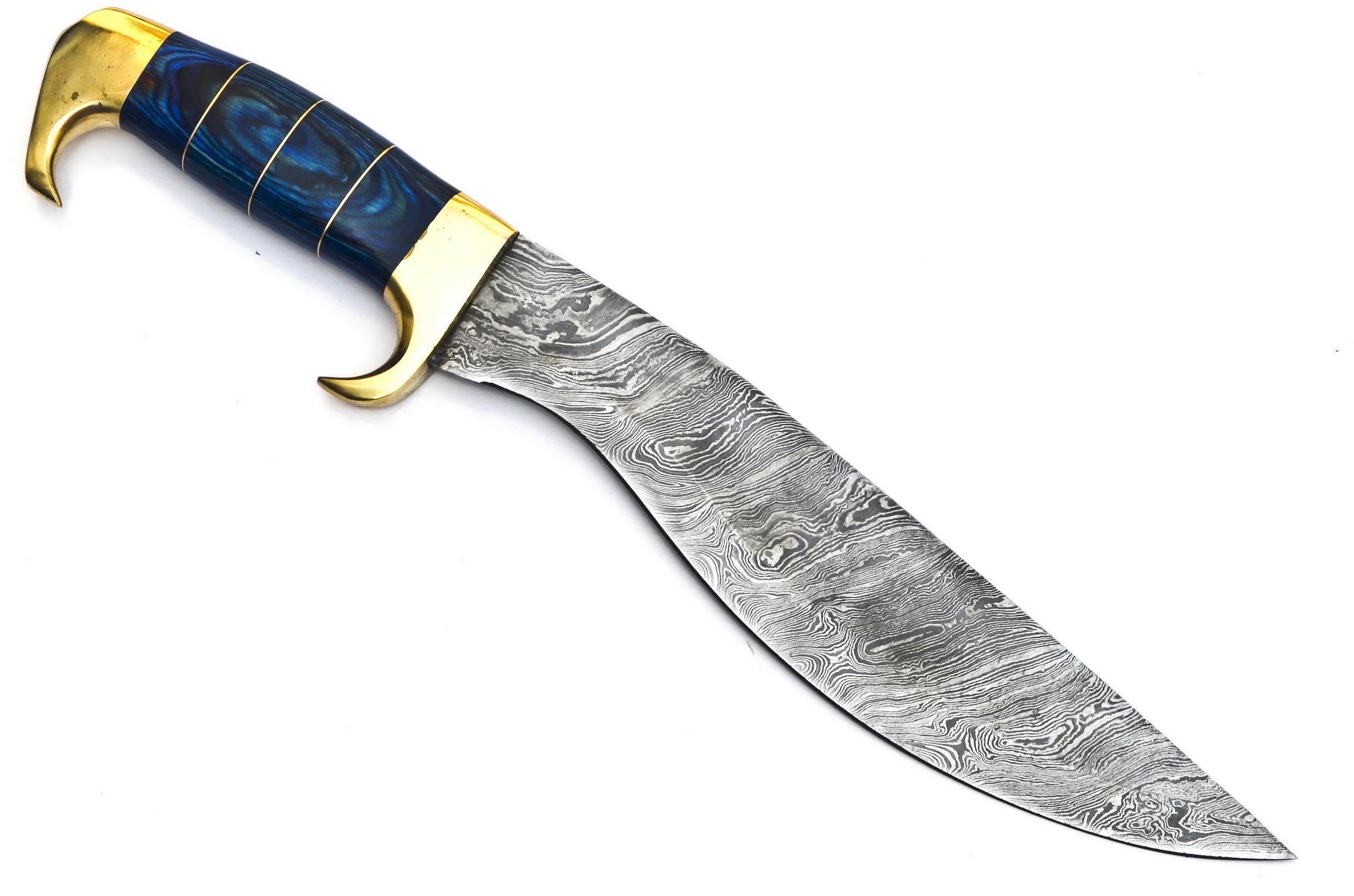 Skokie Knives Custom Hand Made Damascus Steel Hunting Knife Handle Blue Pakka Wood Brass Spacer