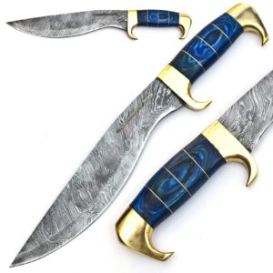 skokie knives custom hand made damascus steel hunting knife handle blue pakka wood brass spacer