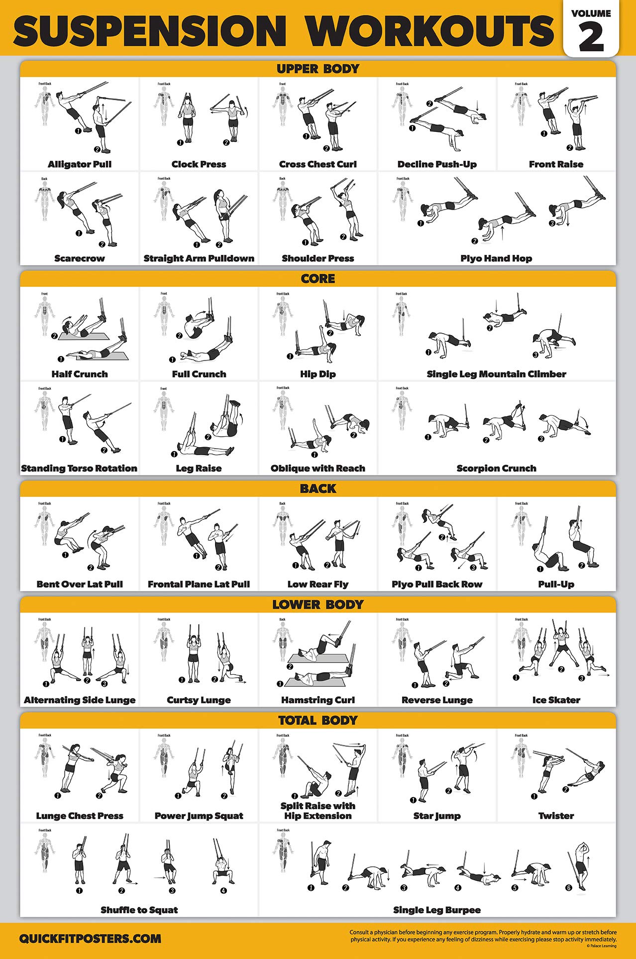 16 Pack - Exercise Workout Poster Set: Dumbbell, Suspension, Kettlebell, Bands, Medicine Ball, Battle Rope, Stretching, Bodyweight, Barbell, Yoga, Exercise Ball (PAPER - NOT LAMINATED, 18" x 24")