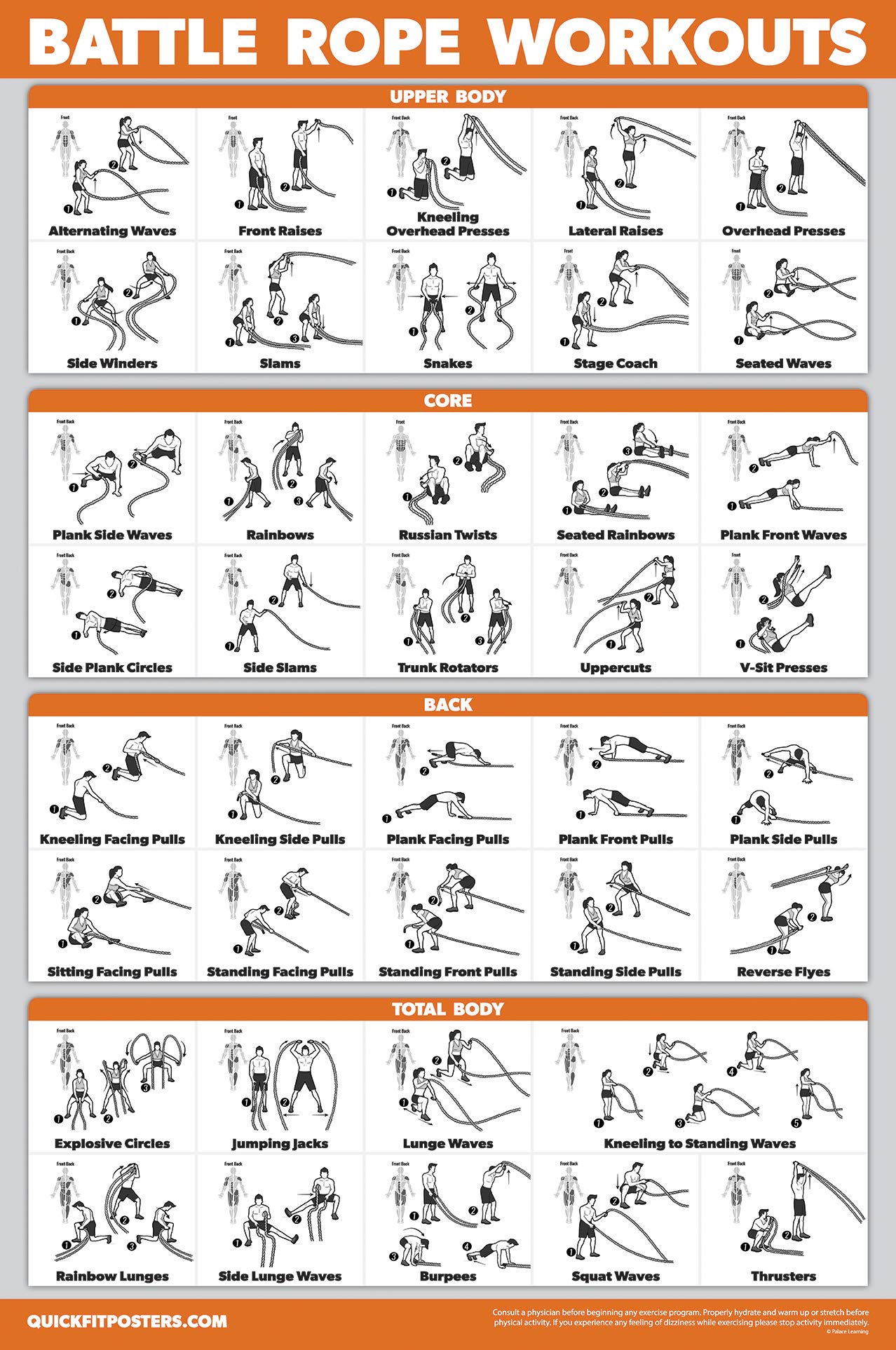 16 Pack - Exercise Workout Poster Set: Dumbbell, Suspension, Kettlebell, Bands, Medicine Ball, Battle Rope, Stretching, Bodyweight, Barbell, Yoga, Exercise Ball (PAPER - NOT LAMINATED, 18" x 24")