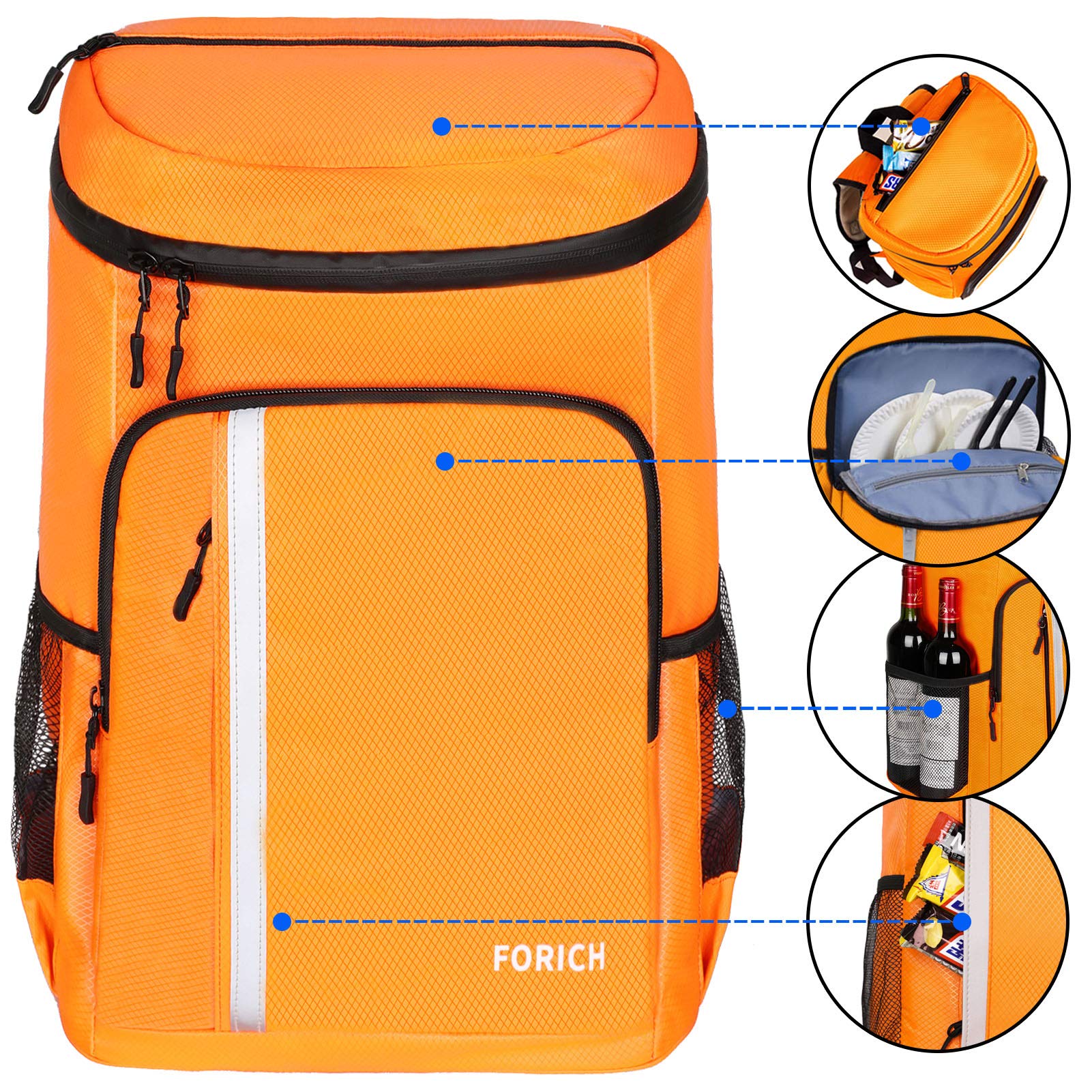 FORICH Backpack Cooler Leakproof Insulated Waterproof Backpack Cooler Bag, Lightweight Soft Beach Cooler Backpack for Men Women to Work Picnics Camping Hiking, 30 Cans (Orange)