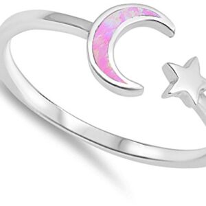 Pink Simulated Opal Moon Star Adjustable Ring Sterling Silver 925 Size 8