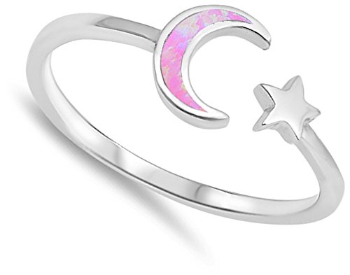 Pink Simulated Opal Moon Star Adjustable Ring Sterling Silver 925 Size 8