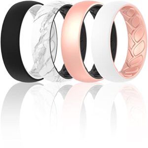 thunderfit silicone wedding bands for women, 2 layers 5.5mm wide 2mm thick - 1/4/7 variety multipack (black-whiteblackmarble, black-rosegold, rosegold-white, white-black size - 6.5-7 (17.3mm))