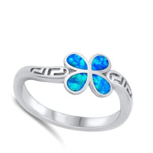 Blue Simulated Opal Greek Key Flower Ring .925 Sterling Silver Size 7