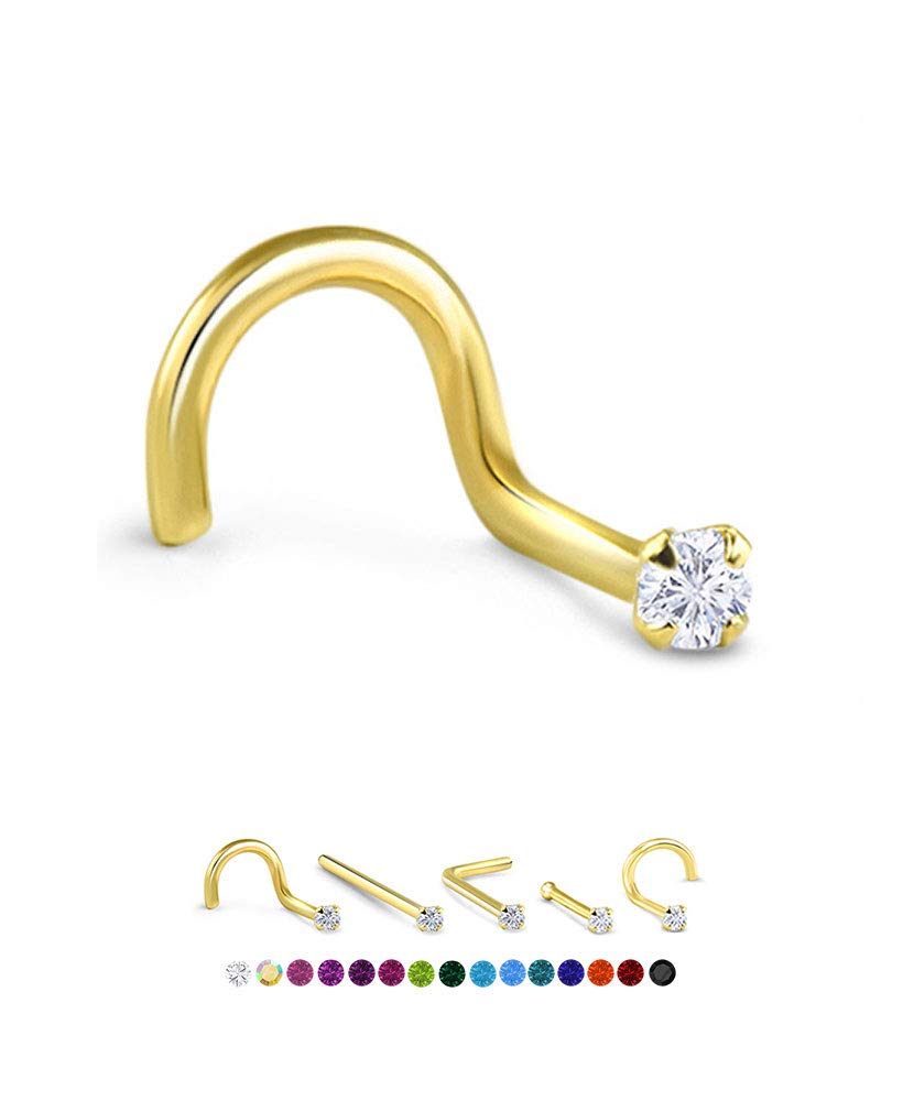 Yellow Gold Plated 925 Sterling Silver Nose Stud Bone Ring 3mm Prong Clear CZ 22G