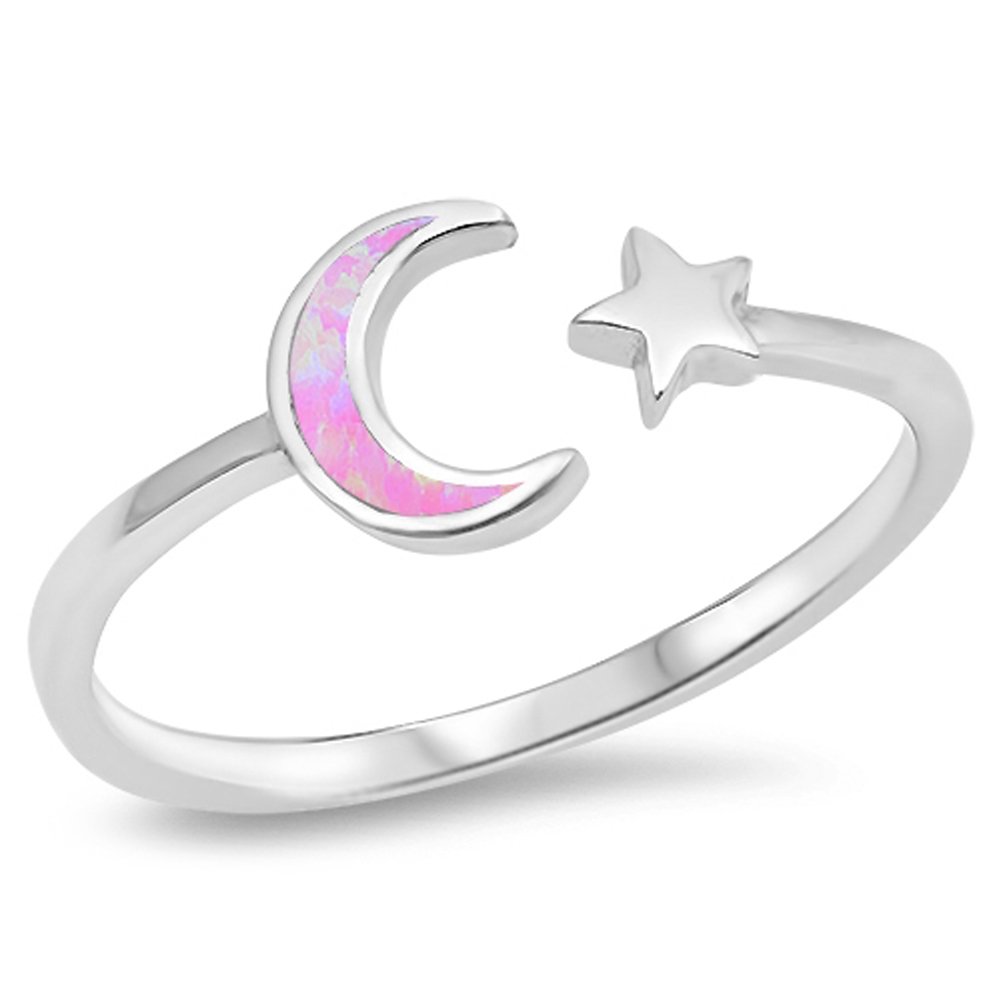 Pink Simulated Opal Moon Star Adjustable Ring Sterling Silver 925 Size 8