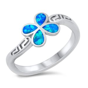 blue simulated opal greek key flower ring .925 sterling silver size 7