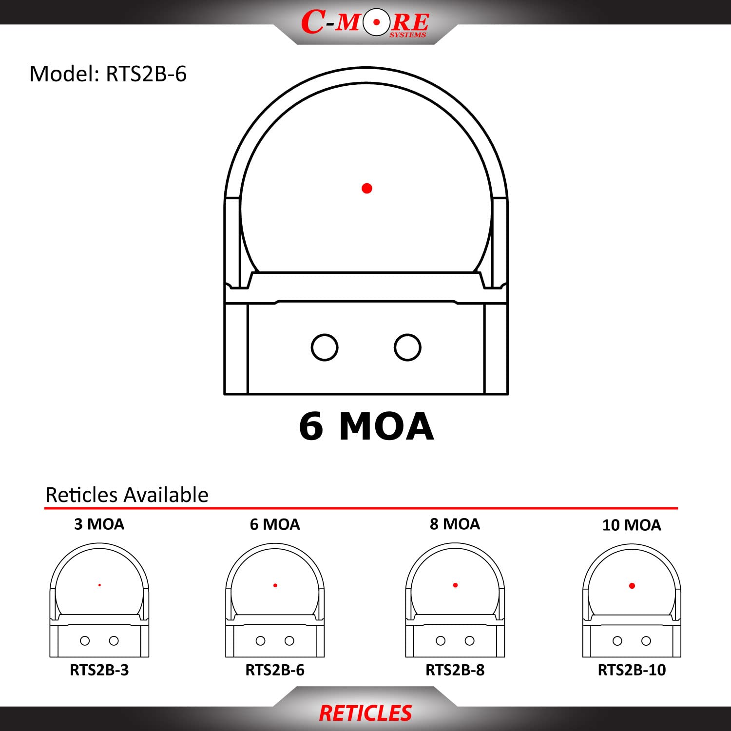 C-MORE Systems Micro Red Dot Sight RTS2B V5, 6 MOA, 1x Magnification, Made of Aircraft Grade Aluminum, Adjusts for Wind & Elevation, Ultra Bright, All Weather, Waterproof, Lightweight, Matte Black