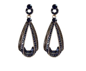 antique gold bronze tone art deco vintage gatsby flapper style dark blue sapphire rhinestone dangle earrings