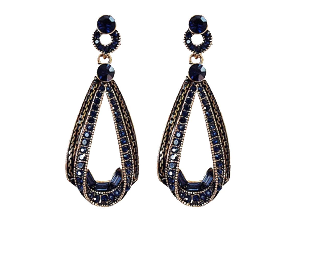 Antique Gold Bronze Tone Art Deco Vintage Gatsby Flapper Style Dark Blue Sapphire Rhinestone Dangle Earrings