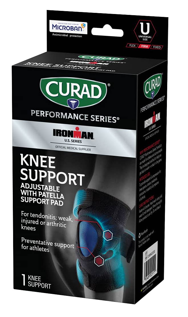 Curad Performance Series Ironman Knee Support, Adjustable with Patella Support Pad, for Tendonitis, Weak, or Injured Knees, Preventative Support for Athletes