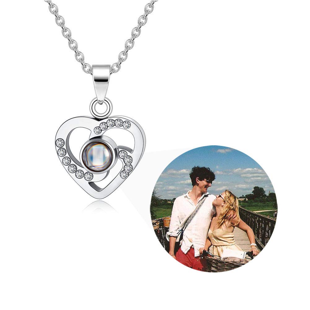 ZLHZW Personalized Picture Projection Necklace for Women - Custom Photo Love Heart Pendant with Cubic Zirconia - Customized Portrait Jewelry - Birthday Anniversary Memorial Gifts for Her