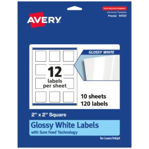 avery square labels with sure feed, 2" x 2", 120 glossy white labels (36476)