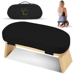 monk & llama meditation bench - kneeling bamboo bench with foldable legs & cushion — perfect kneeling stool ergonomic bamboo yoga bench for extended practice - includes carrying bag (black)