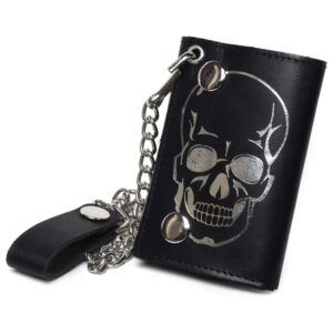 leatherboss genuine leather trifold skull biker chain wallet credit card cash with id holder, black