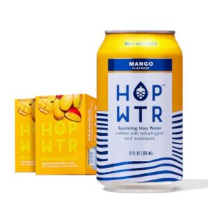 hop wtr sparkling hop water, mango 12 pack, sugar free, low carb non alcoholic drinks, na beer, adaptogen drink, no calories, adaptogens & nootropics for added benefits, 12 oz cans