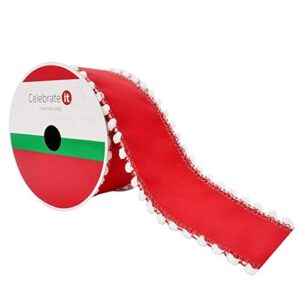 2.5" grosgrain wired pom pom edge ribbon by celebrate it christmas