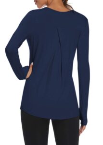 mippo womens workout athletic yoga long sleeve shirts cute work out gym pilates clothes soft lightweight long tunic tops with thumb holes navy blue xl