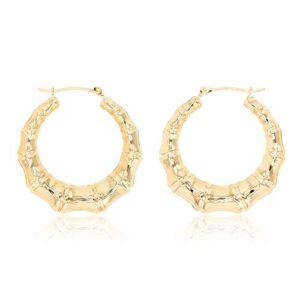 14K Yellow Gold 4.50mm Thick Fancy Bamboo Hoop Earrings with Hinged Clasp | 4.50x30mm Hoop | Round Hoop Earrings | Solid Gold Earrings For Women