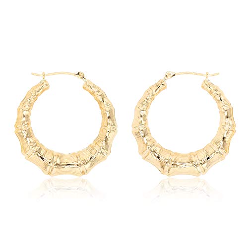 14K Yellow Gold 4.50mm Thick Fancy Bamboo Hoop Earrings with Hinged Clasp | 4.50x30mm Hoop | Round Hoop Earrings | Solid Gold Earrings For Women