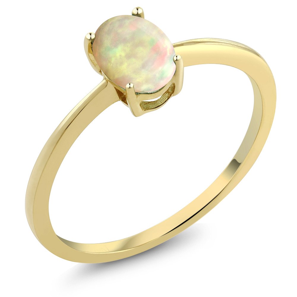 Gem Stone King 10K Yellow Gold White Ethiopian Opal Solitaire Engagement Ring For Women | 0.51 Cttw | Oval Cabochon 7X5MM | Gemstone October Birthstone | Available In Size 5-10