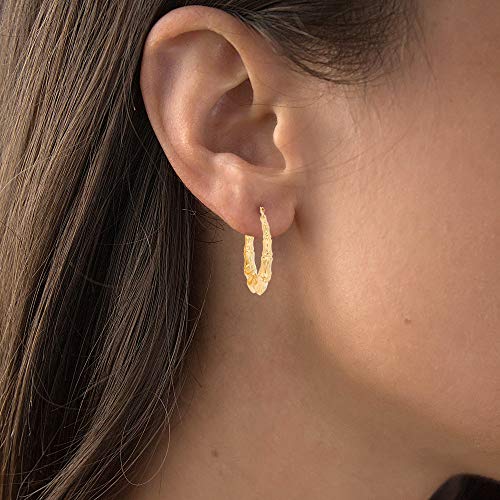 14K Yellow Gold 4.50mm Thick Fancy Bamboo Hoop Earrings with Hinged Clasp | 4.50x30mm Hoop | Round Hoop Earrings | Solid Gold Earrings For Women